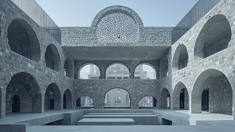 Modern Architectural Complex, Featuring Arches, Stone Walls, and ...