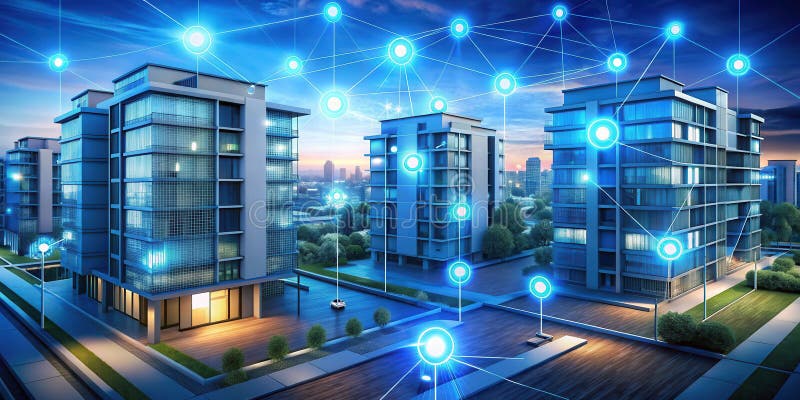 Modern Architectural Complex Illuminated at Dusk, Showcasing a Network ...