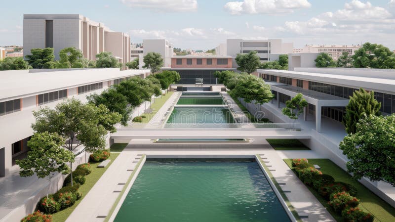 Modern Architectural Complex with Large Water Features, Greenery, and ...