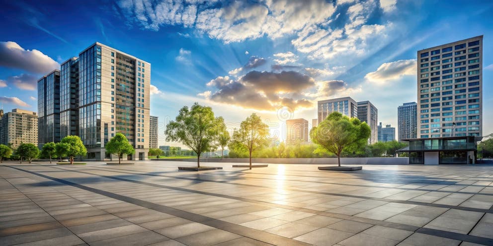 Modern Architectural Complex at Sunrise with Green Trees and a Spacious ...