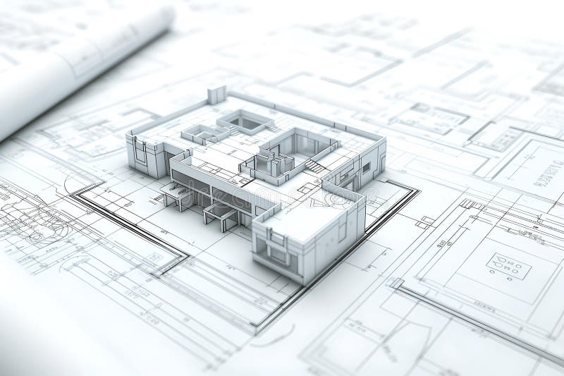 Modern Architectural Concept with 3D House Model Over Blueprints. Ideal ...