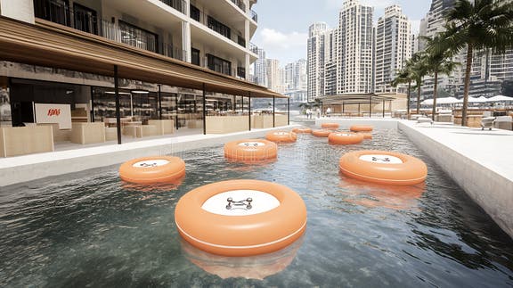 Modern Architectural Concept with Orange Floats Floating in Water on Display Stock Illustration ...
