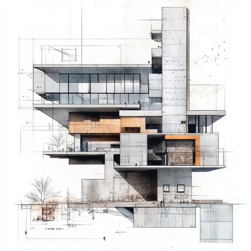 Modern Architectural Concrete Building Plan Sketch on White Background ...