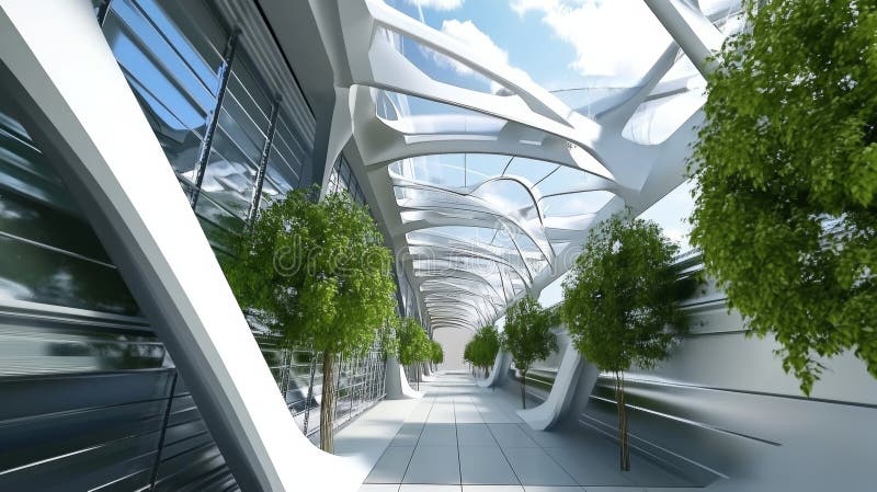 Modern Architectural Corridor Lined with Trees Showcasing Innovative ...