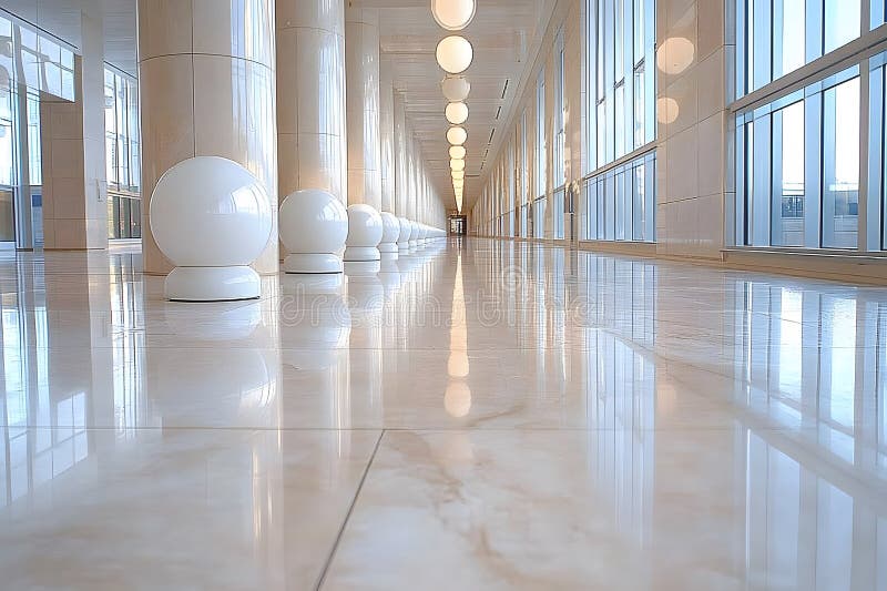 Modern Architectural Corridor with Reflective Marble Flooring and Globe ...