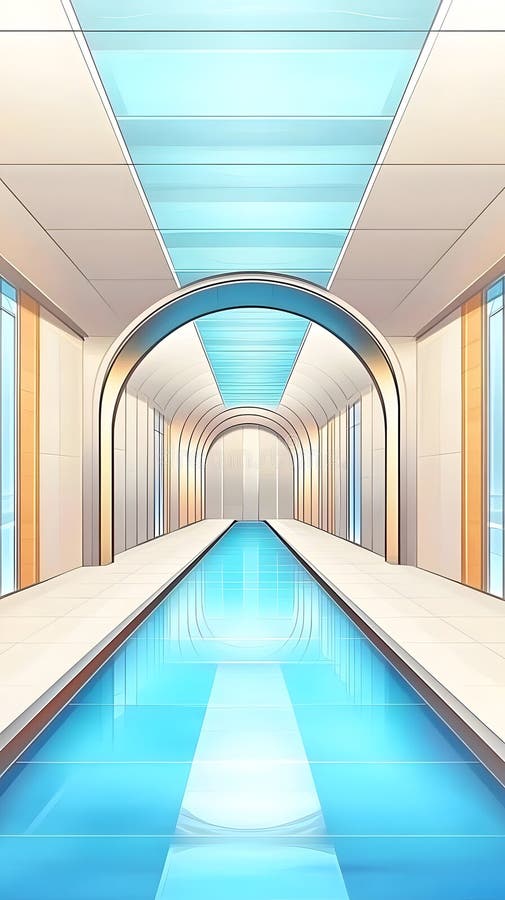 Modern Architectural Corridor with Water Feature Stock Illustration ...