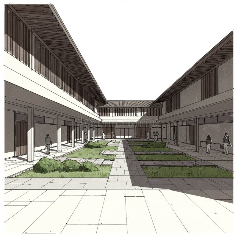 Modern Architectural Courtyard Featuring a Two-story Structure with ...