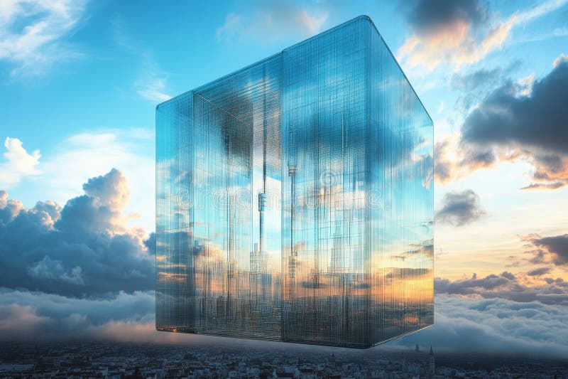 Modern Architectural Cube Structure Hovering Above a City Skyline at ...
