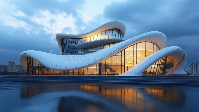 Modern Architectural Design of a Building with Curved Walls and Large ...