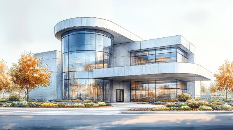 Modern Architectural Design of a Building with Large Windows and Curved ...