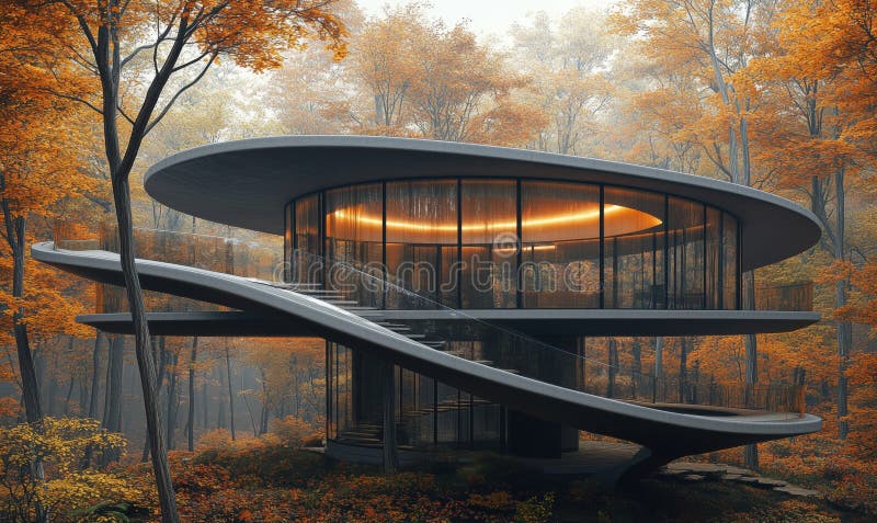 Modern Architectural Design of a Circular House in Autumn Forest ...