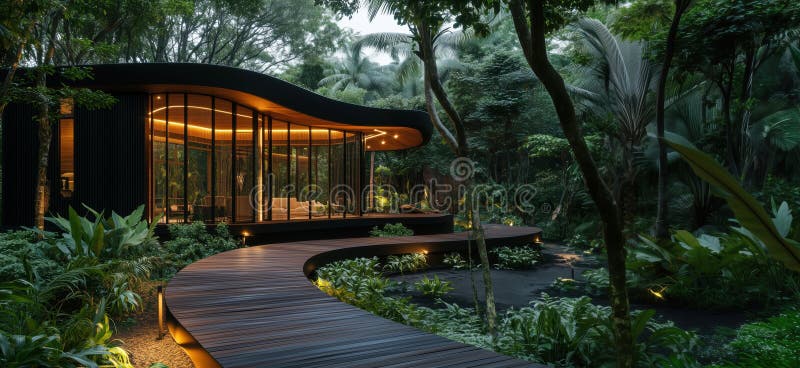 Curved Pathway Surrounded Lush Greenery Modern Architectural Landscape ...