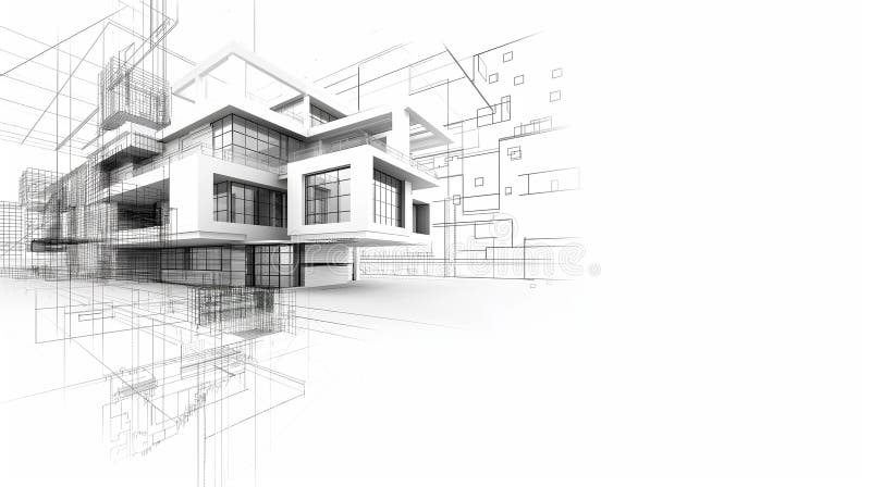 Modern Architectural Design Draft of Multi-Story Building on White ...