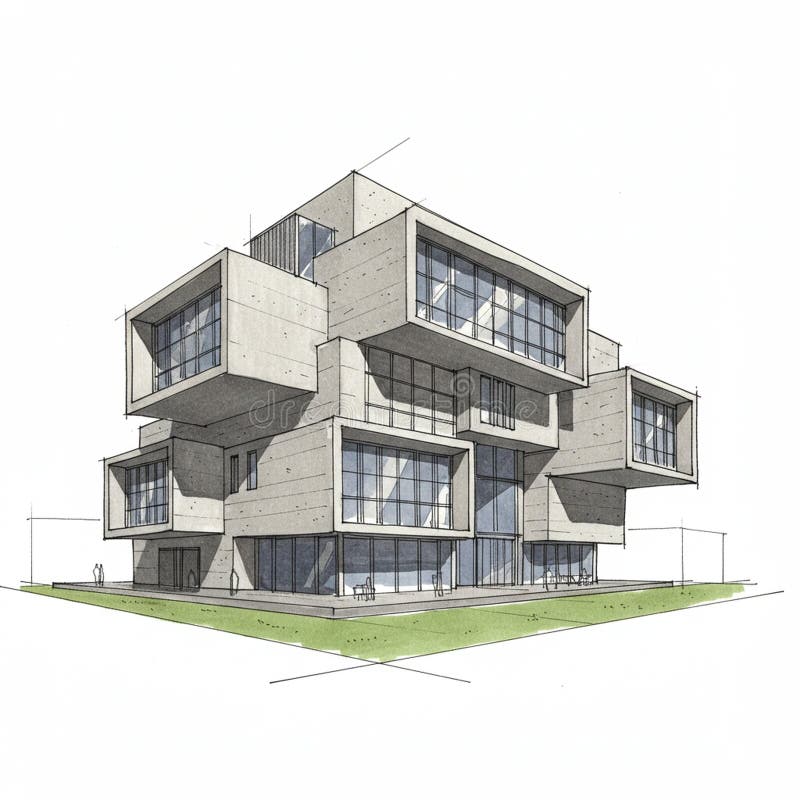 Modern Architectural Design Drawing of a Cubic, Multi-level Building ...