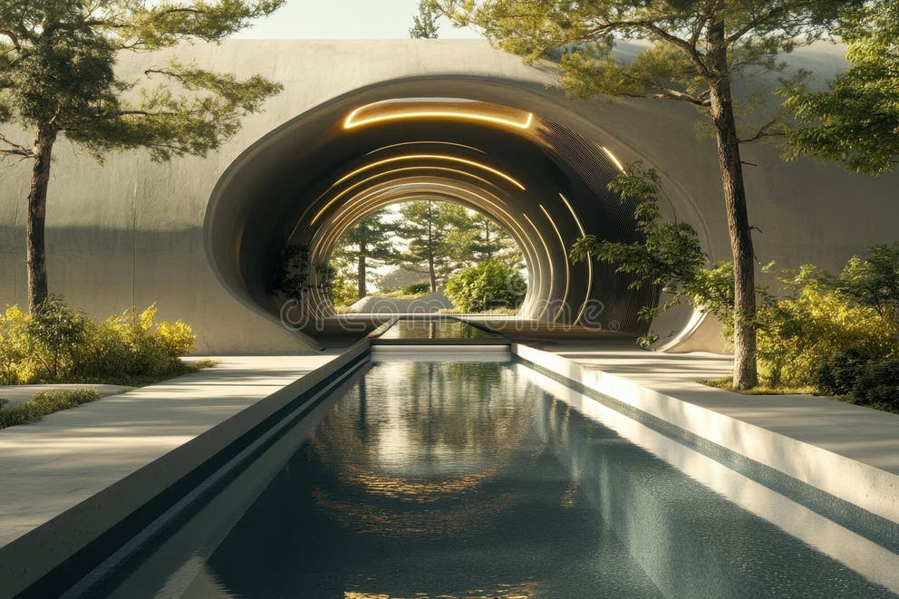 Modern Architectural Design Features a Tranquil Water Pathway Surrounded by Greenery Stock Photo ...