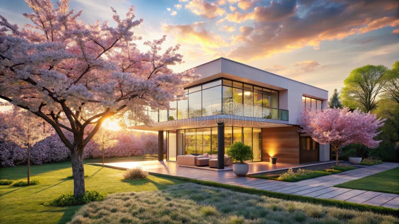 Modern Architectural Design Featuring Blossoming Trees at Sunset ...