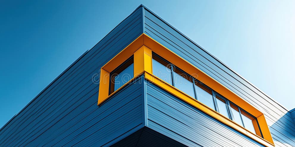 Modern Architectural Design Featuring Blue and Yellow Facade with Sharp ...