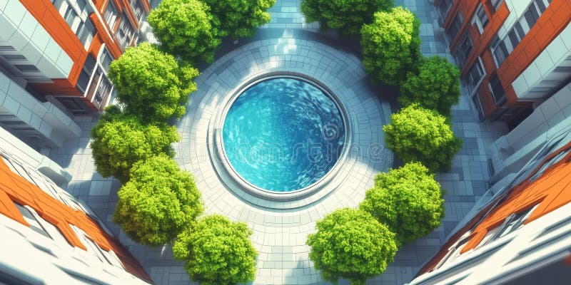 Modern Architectural Design Featuring Circular Pool Surrounded by Lush ...
