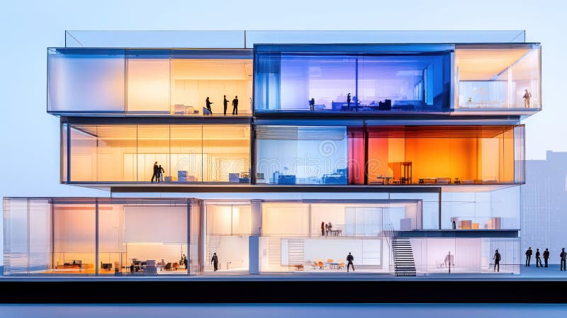 Modern Architectural Design Featuring Colorful Glass Layers and Office ...