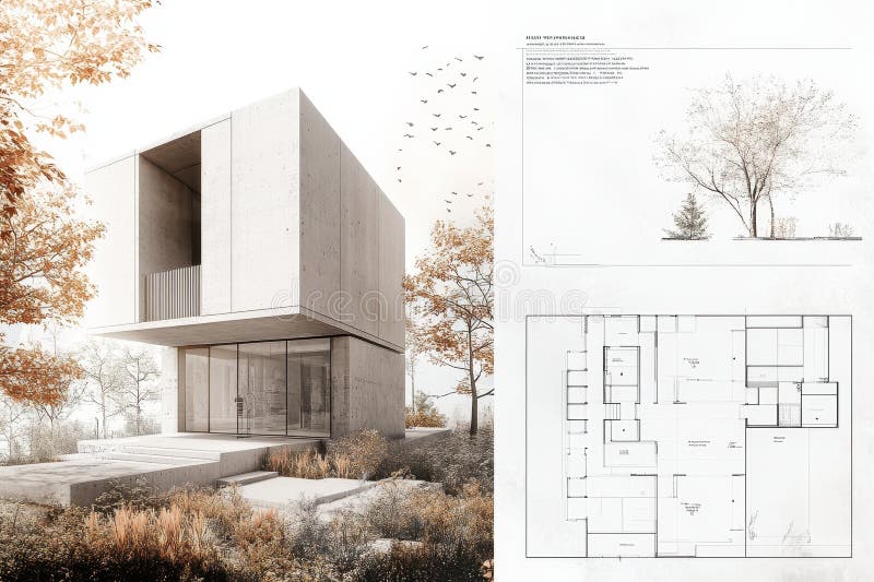 Modern Architectural Design Featuring a Concrete House and Detailed ...