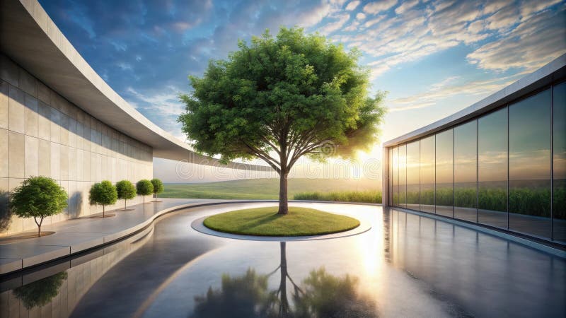 Modern Architectural Design Featuring a Lush Green Tree in a Serene ...