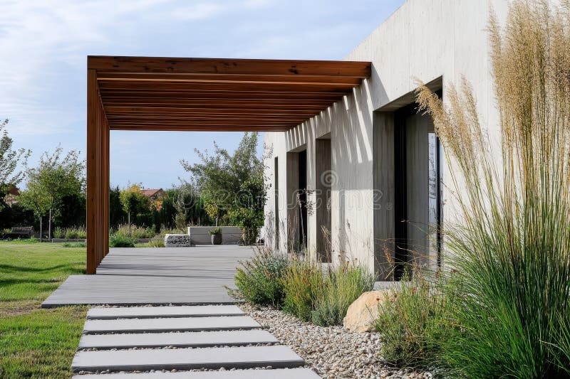 Modern Architectural Design Featuring a Wooden Pergola and Landscaped Pathway Stock Illustration ...