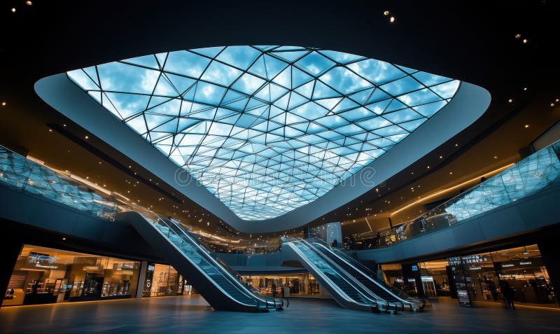 Modern Architectural Design with Glass Ceiling, Escalators, and Ambient ...