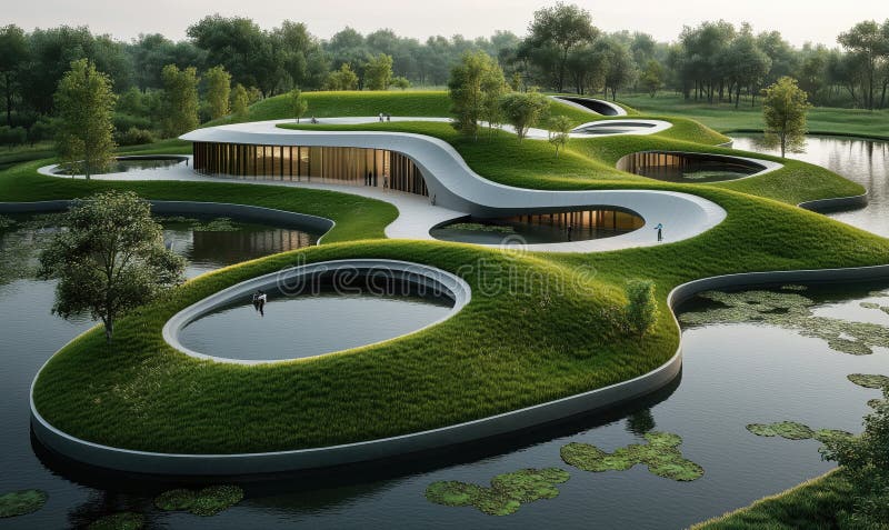 Modern Architectural Design of a Green Landscape with Water Features ...