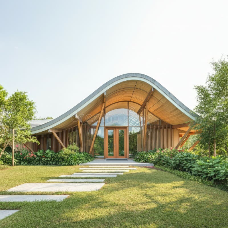 Modern Architectural Design of a House with a Curved Roof Surrounded by ...