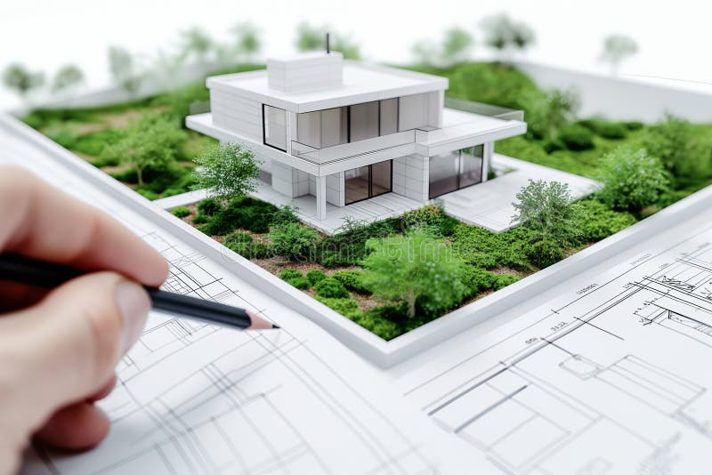 Modern Architectural Design with House Model, Blueprint, and Creative ...