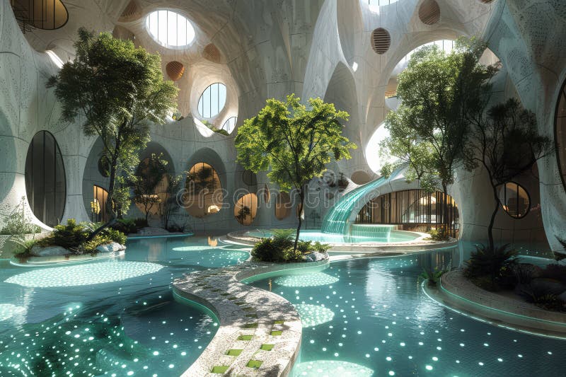 Modern Architectural Design with Indoor Water Features and Greenery ...