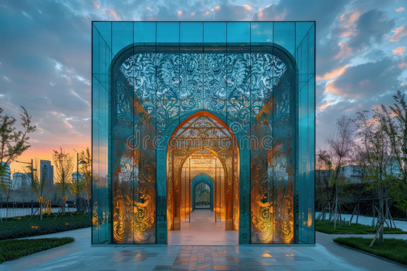 Modern Architectural Design with Intricate Glass Patterns at Sunset ...