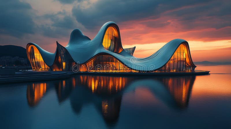 Modern Architectural Design Lakeside Building Sunset Stock Illustration ...