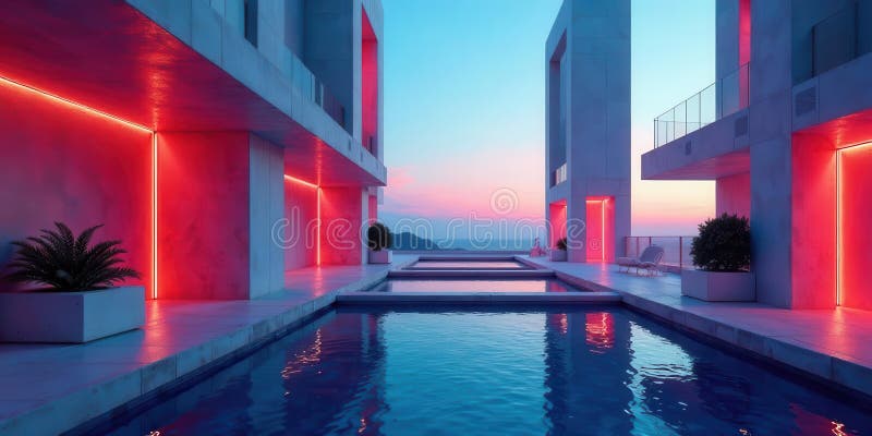 Modern Architectural Design with Pink Neon Accents and Infinity Pool at ...