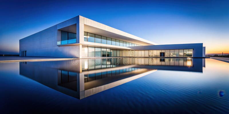 Modern Architectural Design Reflecting in a Still Pool at Sunset ...