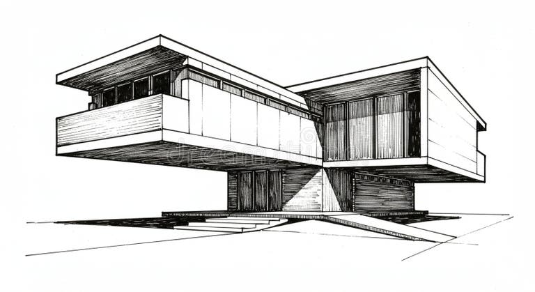 Modern Architectural Design Sketch Featuring a Two-story Structure with ...