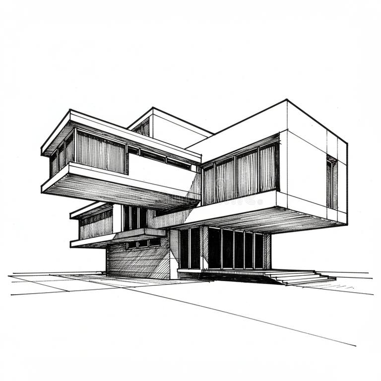 Modern Architectural Design Sketch of a Geometric Building Featuring ...