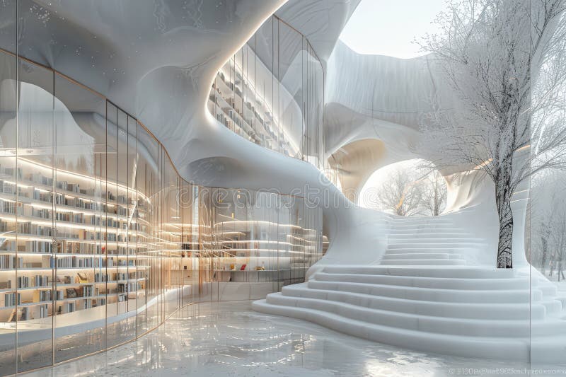Modern Architectural Design with White Curved Structures and Snow Stock ...
