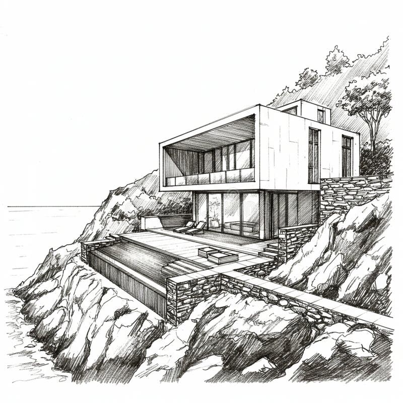 Modern Architectural Drawing of a Cliffside House with a Minimalistic ...