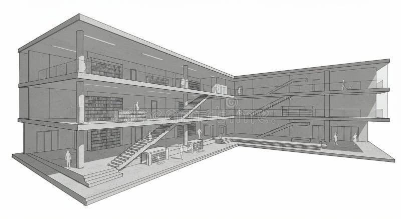 Modern Architectural Drawing Depicting a Three-story Building with an ...
