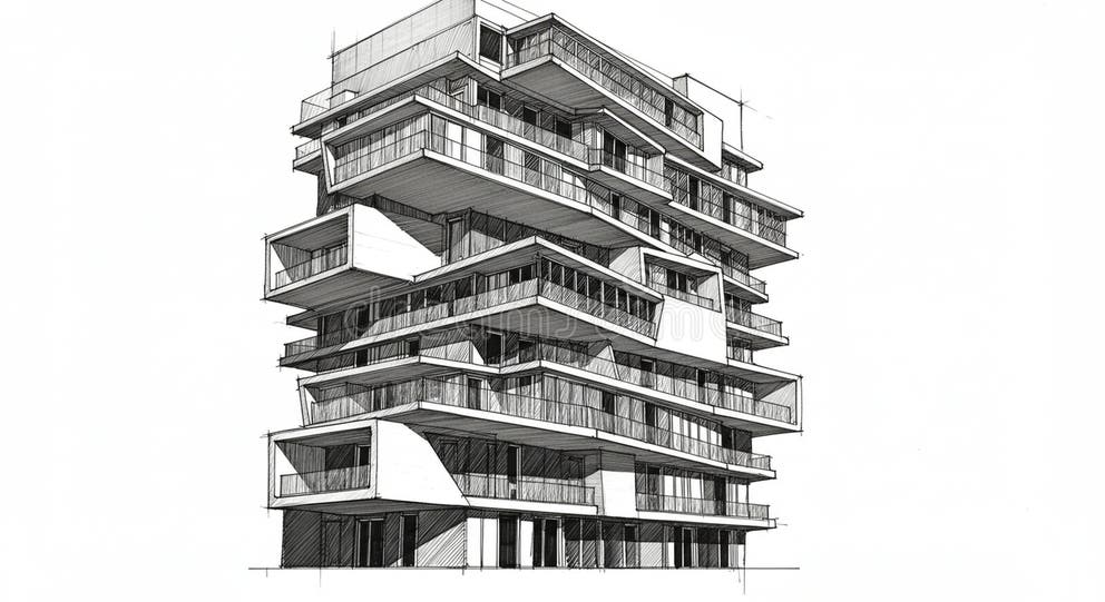 Modern Architectural Drawing of a Multi-story Building Featuring an ...
