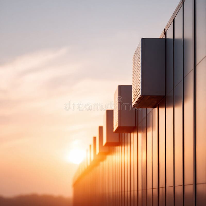 Modern Architectural Facade Bathed in Warm Sunset Light. Clean Lines and Repeating Cubic Modules ...