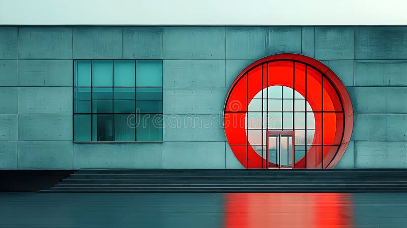 A Modern Architectural Facade Featuring a Circular Red Entrance and ...