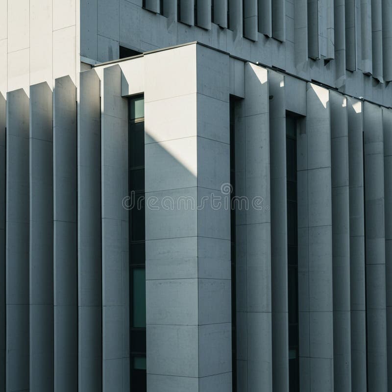 Modern Architectural Facade Featuring Vertical Concrete Panels with ...