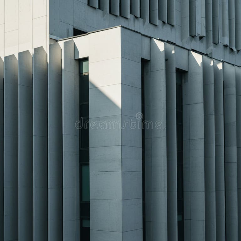 Modern Architectural Facade Featuring Vertical Concrete Panels with ...