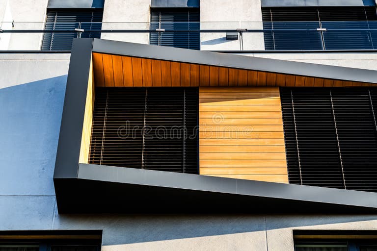 Modern Architectural Facade with Geometric Protrusions and Reflective ...