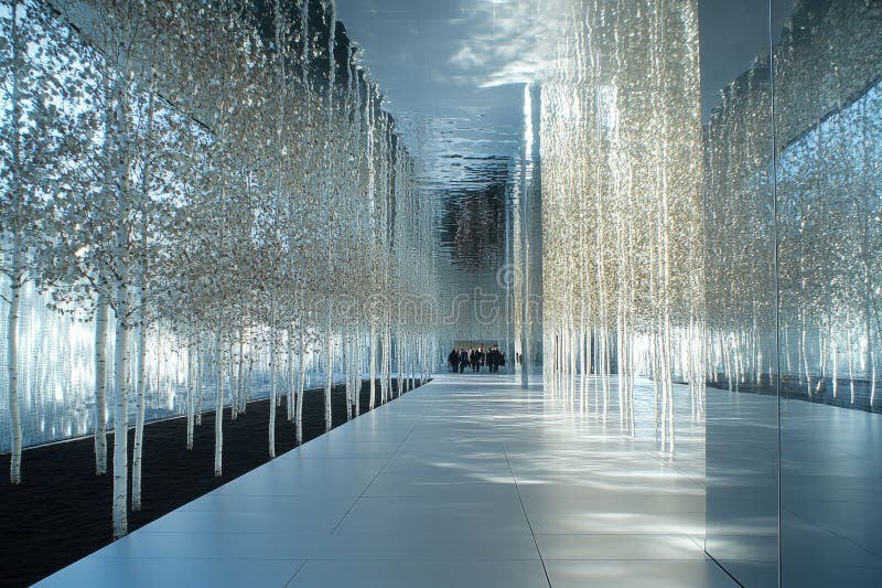 Reflective Walkway with Crystal Trees Installation Stock Illustration ...
