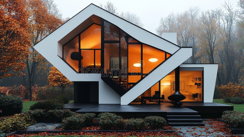 Modern Architectural Home in Dense Forest with Warm Interior Lighting ...