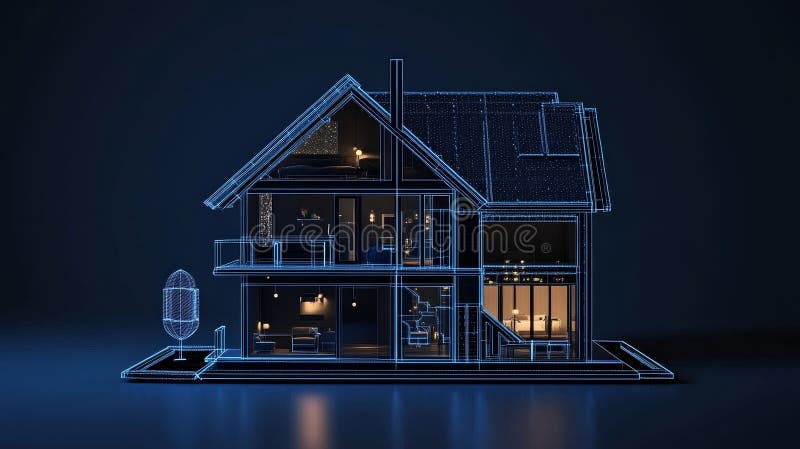 Modern Architectural Home Design Rendered in Neon Wireframe Style Stock ...
