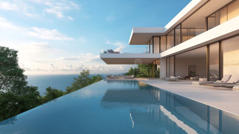 Modern Architectural Home with Infinity Pool Overlooking Ocean Stock ...